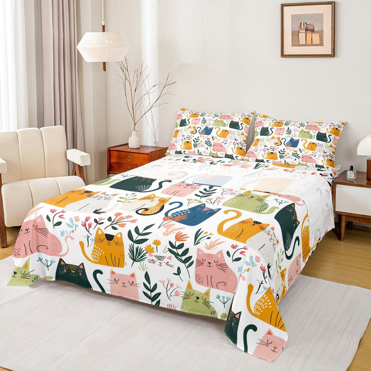 Homewish Funny Cat Kitten Full Size Sheets for Teens, Rustic Leaf ...