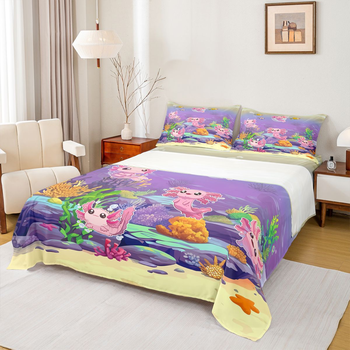 Homewish Funny Cute Axolotl Queen Sheet Sets for Teens, Dreamy Ocean ...