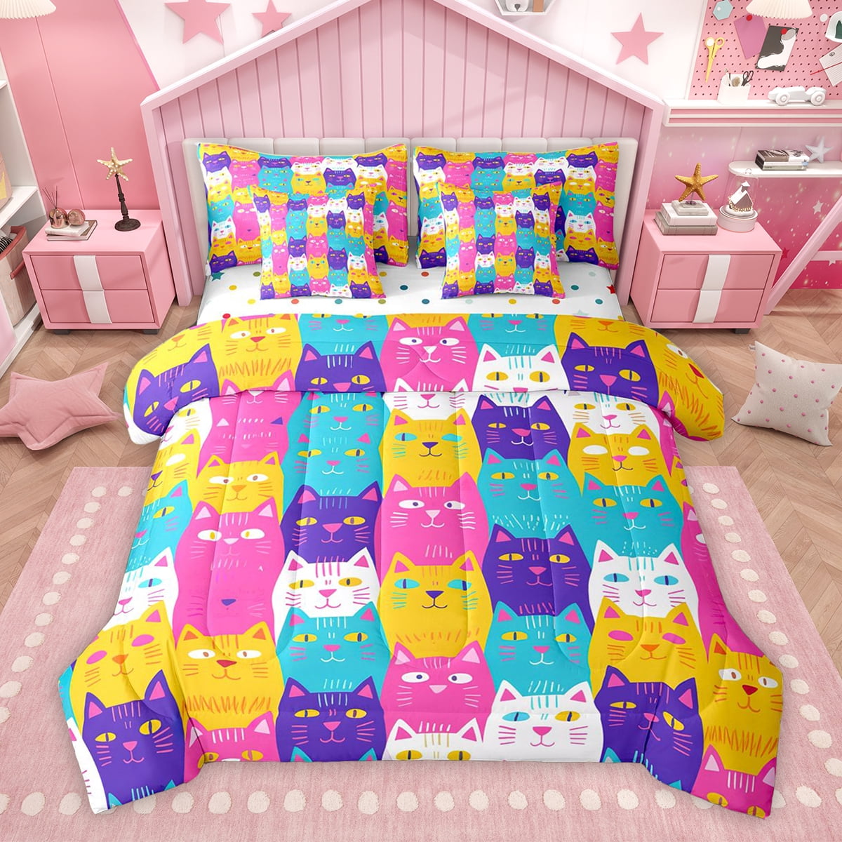 Homewish Funny Kawaii Cat Bedding Comforter Set 7 Pieces for Kids, Cute ...