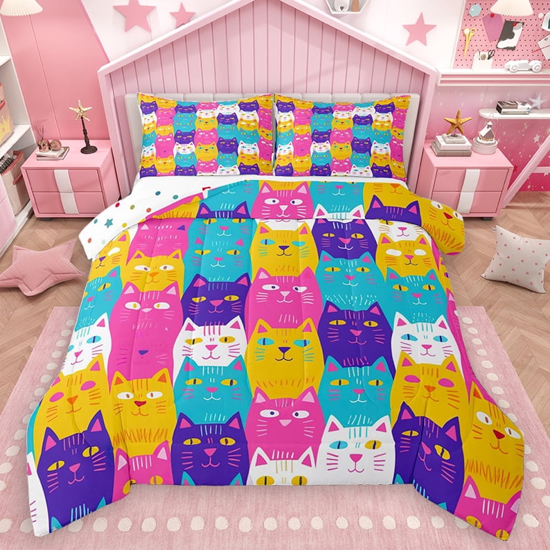 Homewish Funny Kawaii Cat Full Size Comforter Sets for Kids, Cute ...