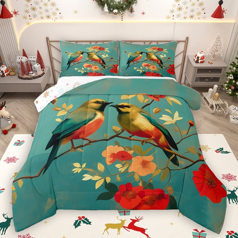 Homewish Funny Spring Bird Queen Comforter Set, Rustic Blossoms Flower ...