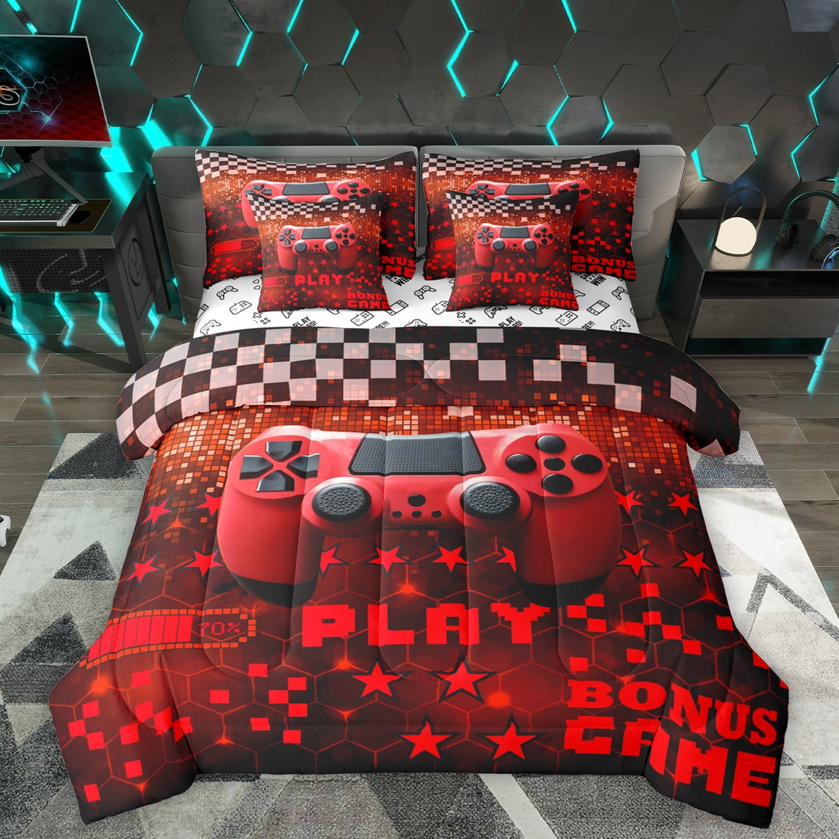 Homewish Gamepad Controller Geometric Hexagon Queen Bedding Set,7-Piece ...