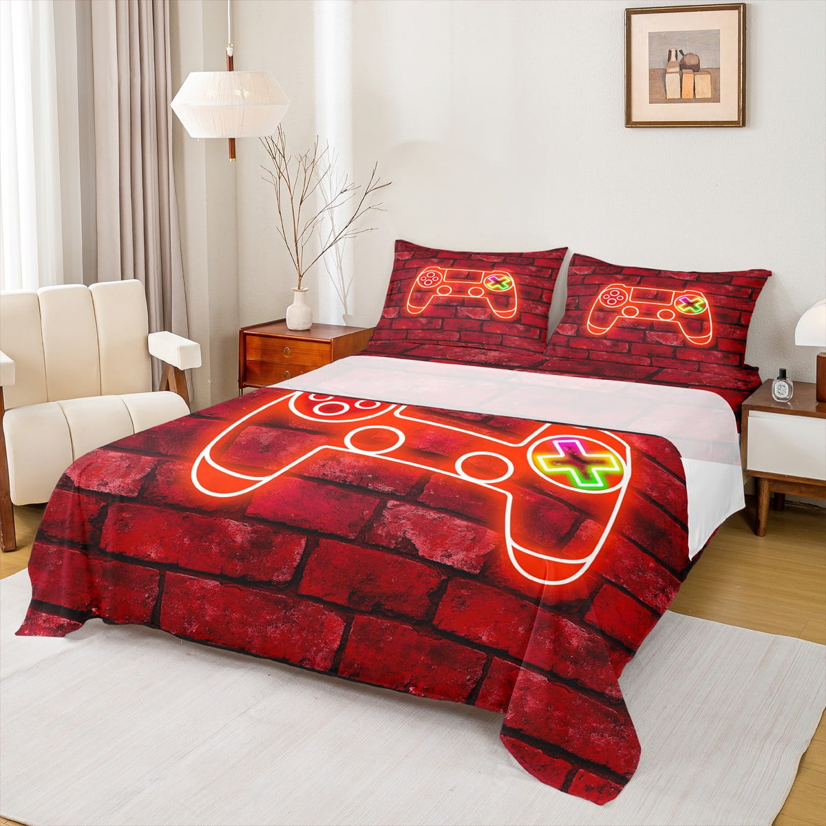 Homewish Gamepad Gaming Bed Sheets,Rustic Stone Wall King Sheets,Neon ...