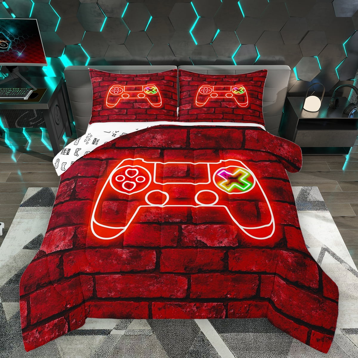 Homewish Gamepad Gaming Bedding Comforter Set,Rustic Stone Wall Twin ...