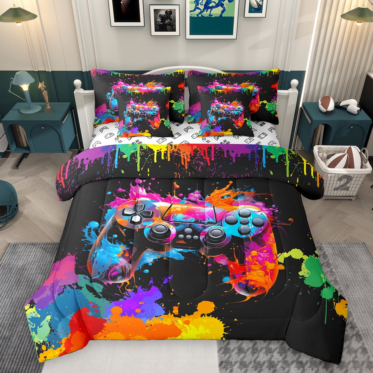 Homewish Gamer Gaming 7pcs Bedding Comforter Set,Warercolor Splatter ...