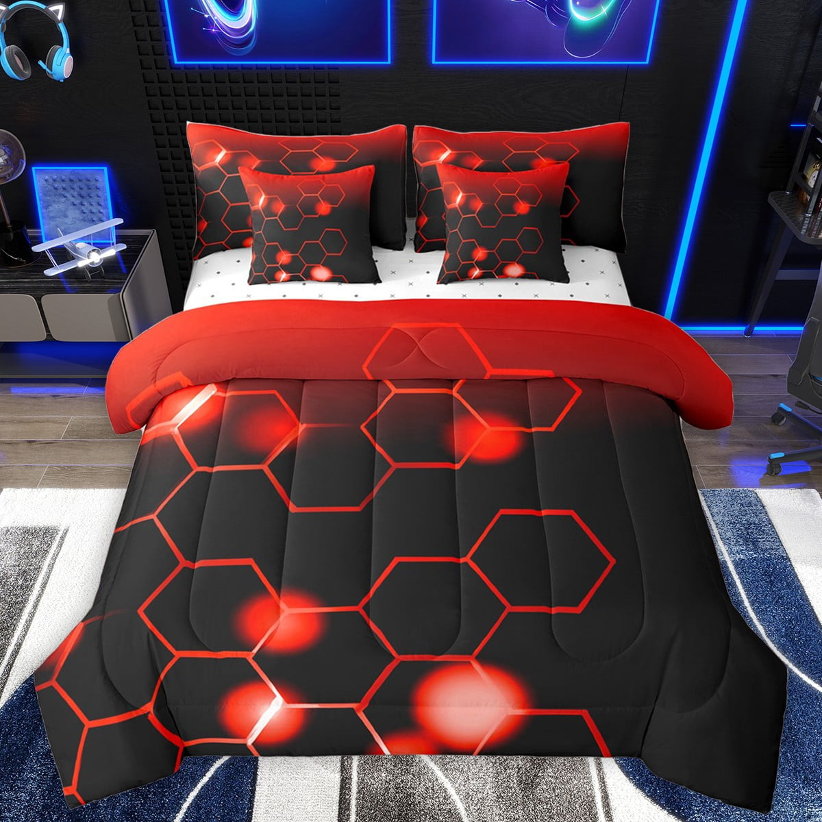 Homewish Geometric Honeycomb 7-Piece King Bedding Set - Black Red ...