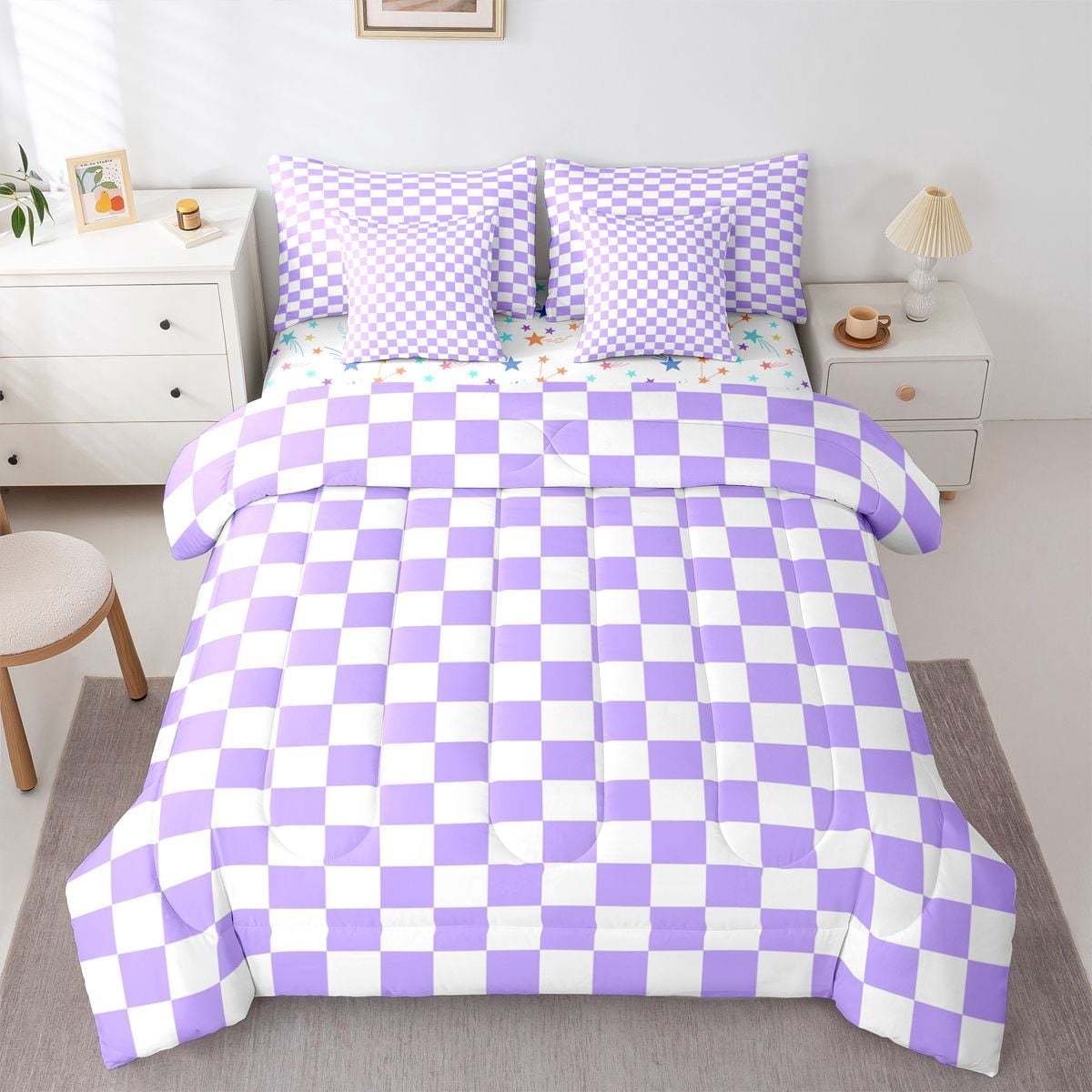 Homewish Geometric Plaid 7 Pieces Bedding Comforter Set For Teens Boys ...