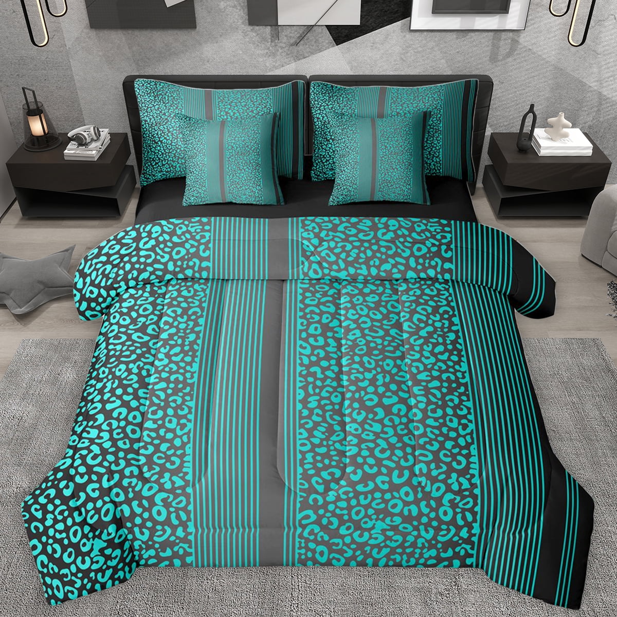 Homewish Geometric Stripe Line 7pcs Bedding Comforter Set,Cyan Leopard ...