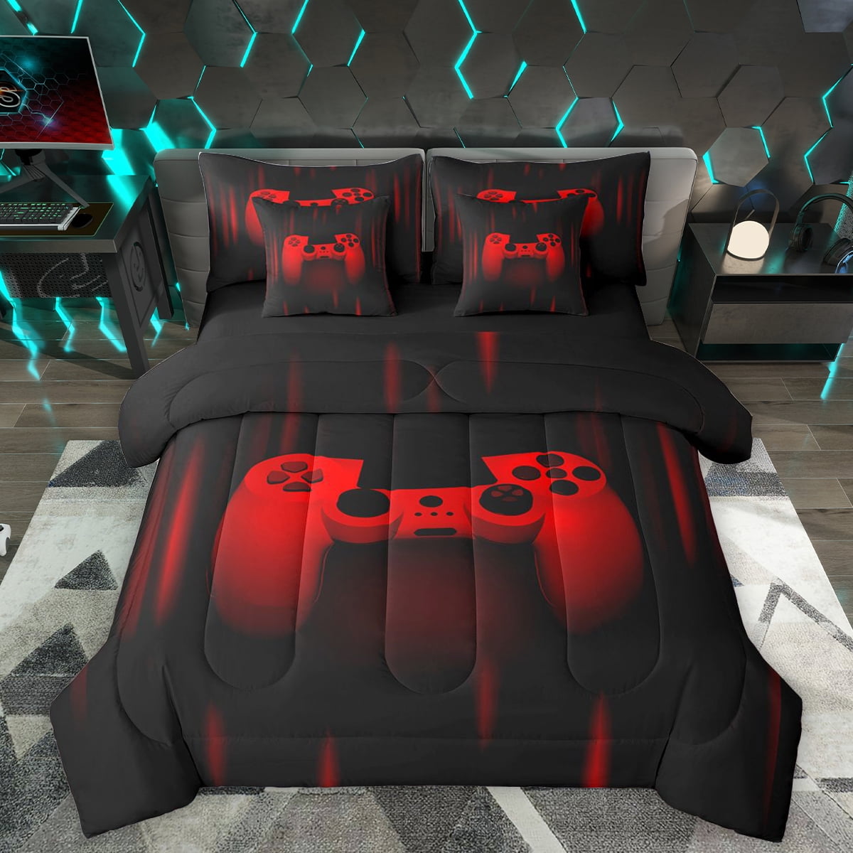 Homewish Geometric Striped 7pcs Bedding Comforter Set,Red Game Console ...