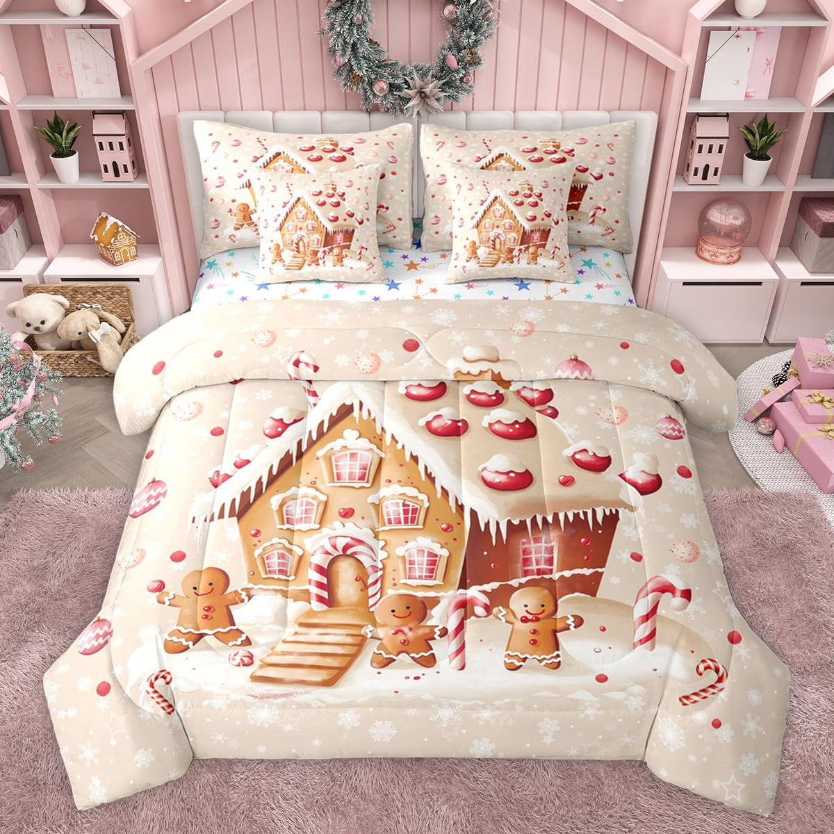 Homewish Gingerbread Man Kids Bedding Comforter Set 7pcs, Kawaii Winter ...