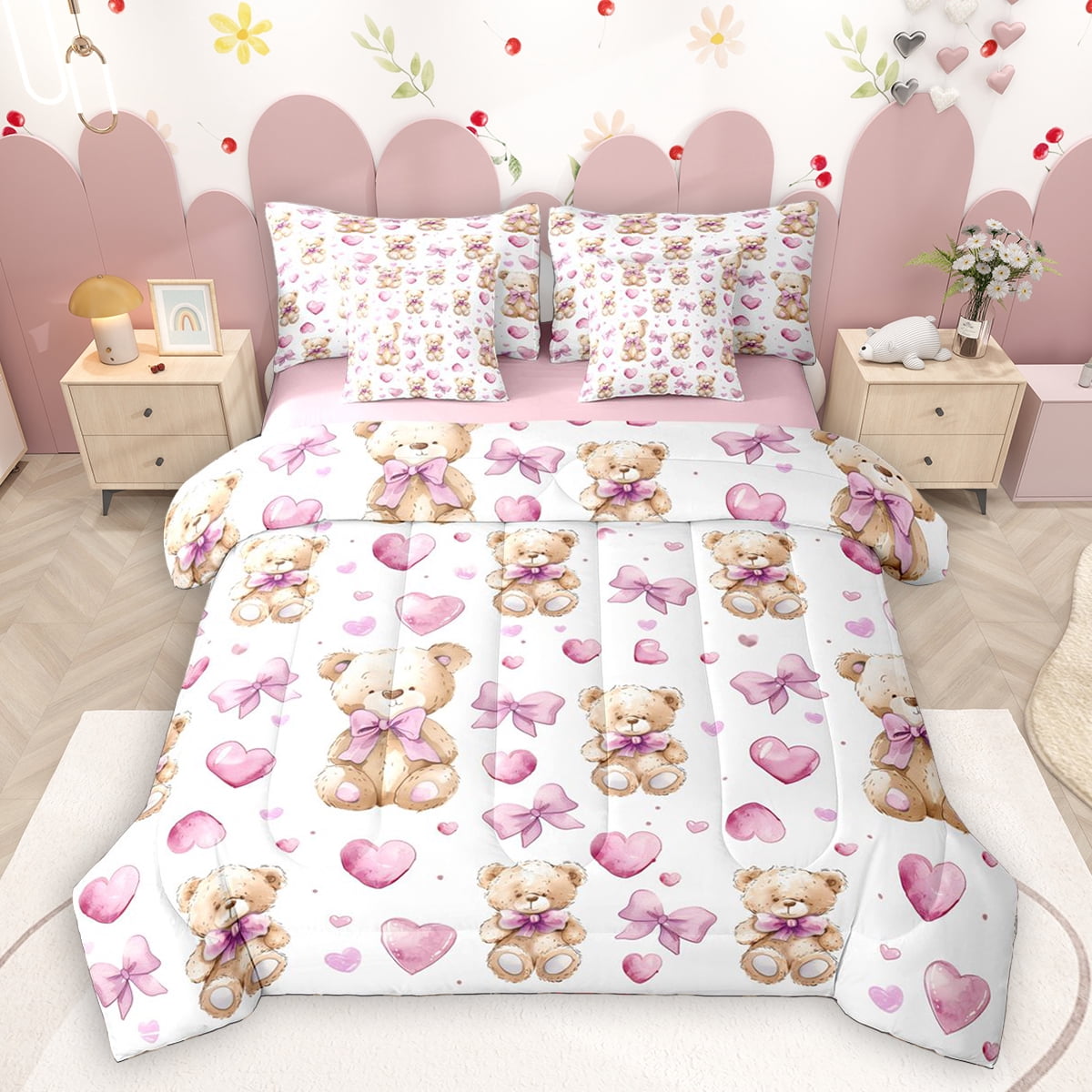 Homewish Girl Pink Bow 7-Piece Twin Bedding Sets,Brown Toy Bear Bedding ...