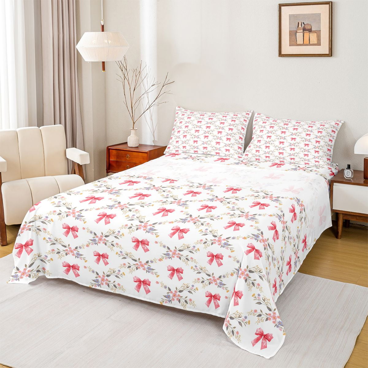 Homewish Girls Bow Knot Bed Sheets,Rustic Flower Floral King Sheets,Red ...