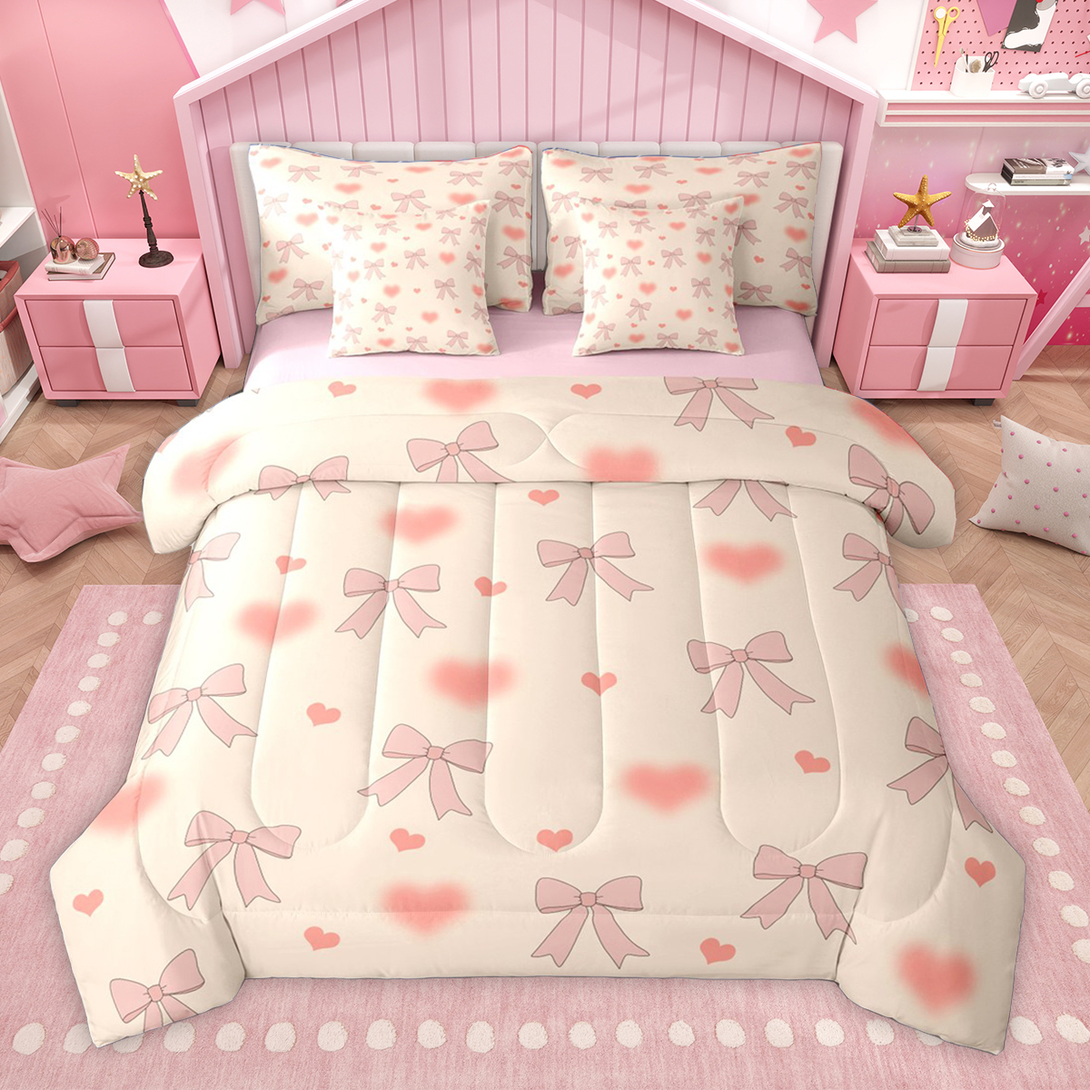 Homewish Girls Bow Tie 7pcs Bedding Comforter Set,Kawaii Heart Print ...