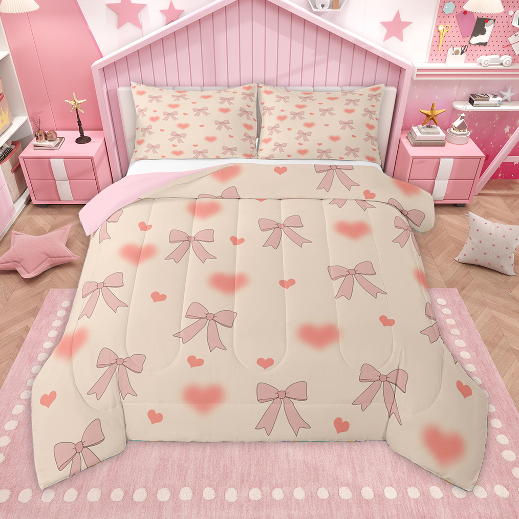 Homewish Girls Bow Tie Queen Comforter Set,Kawaii Heart Print Bedding ...