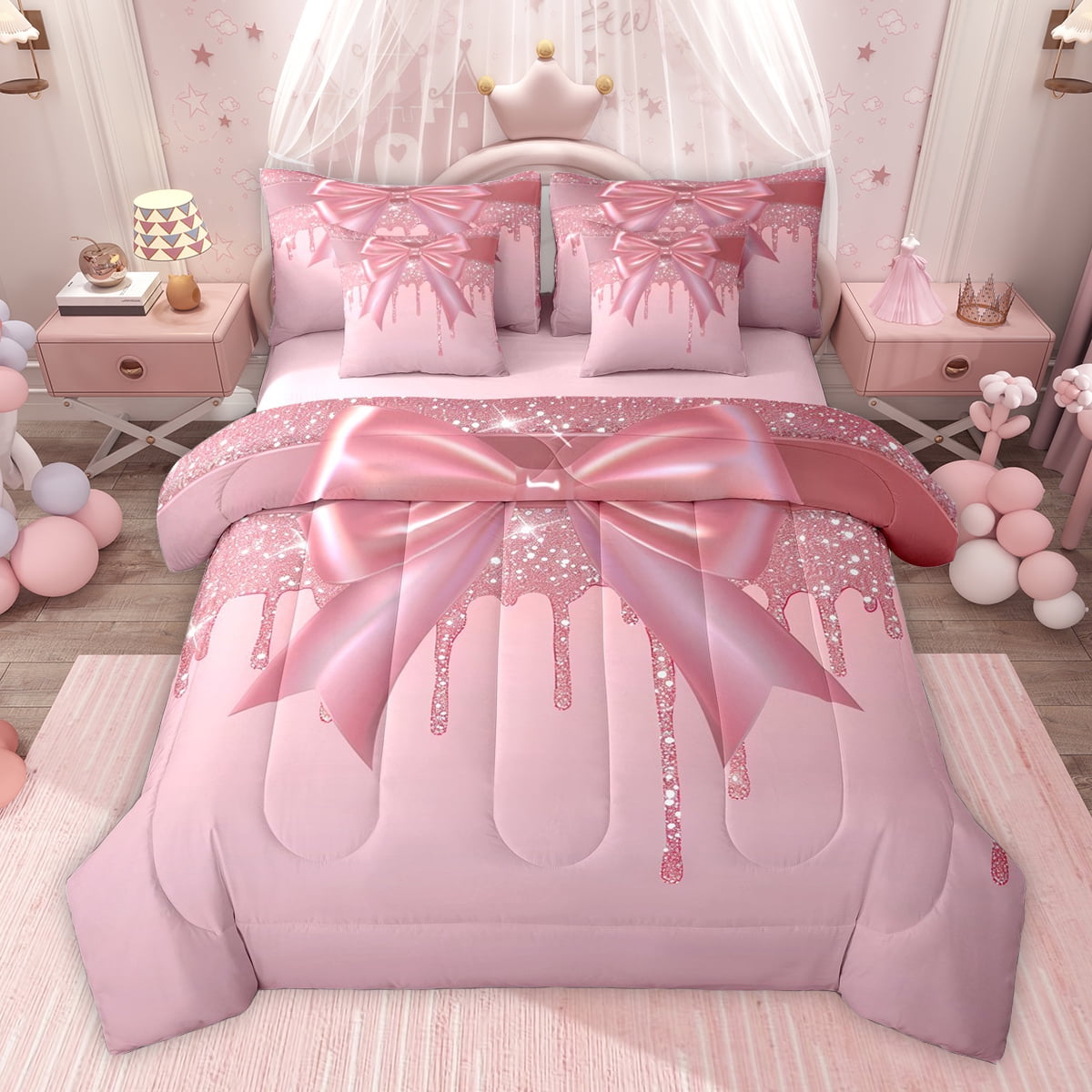 Homewish Girls Female Cartoon Ribbon Bow Twin Bedding Sets 7-Piece ...