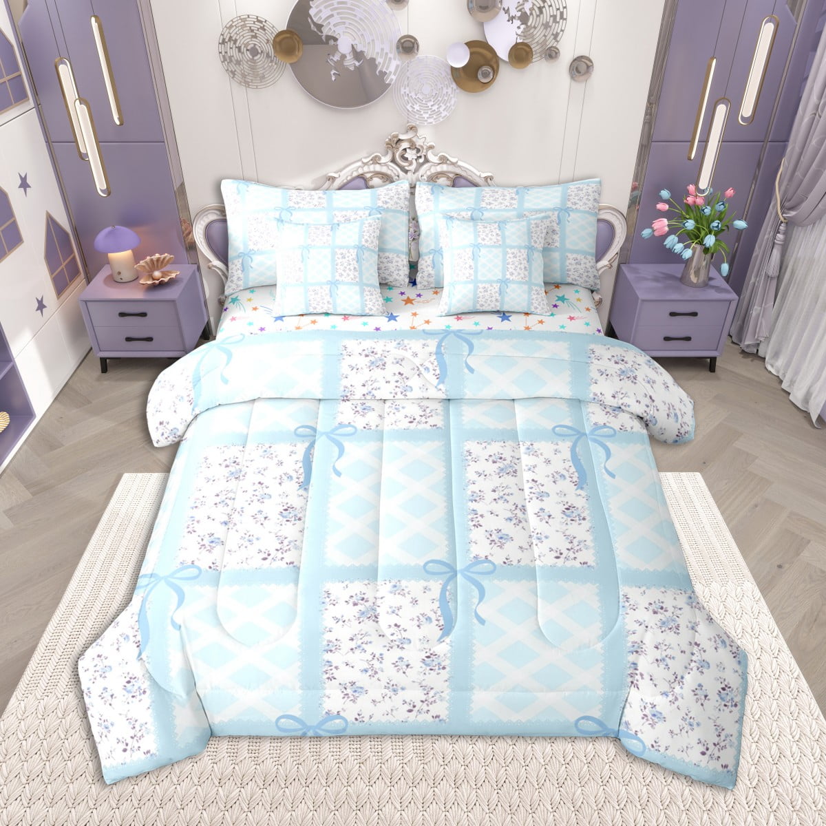Homewish Girls Floral Flower Bedding Comforter Set 7pcs, Blue Checkered ...