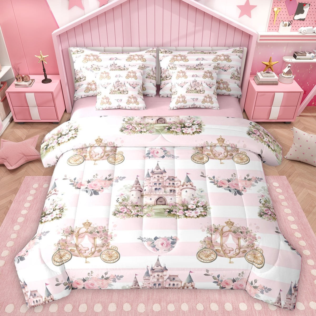 Homewish Girls Kids Cartoon Castle Bedding Comforter Set 7 Pieces,Pink ...