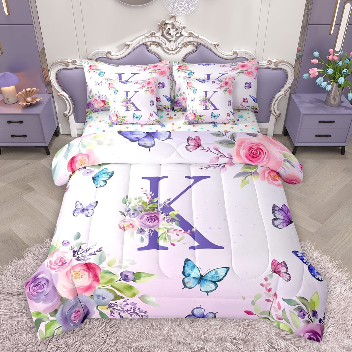 Homewish Girls Monogrammed K 7pcs Bedding Set, Romantic Rose Butterfly ...