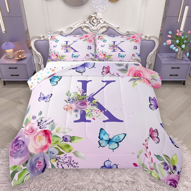 Homewish Girls Monogrammed K Queen Comforter Set, Romantic Garden Rose ...