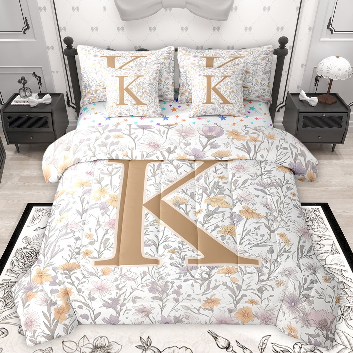 Homewish Girls Personalized Gifts 7-Piece Twin Bedding Sets,Gold Letter ...