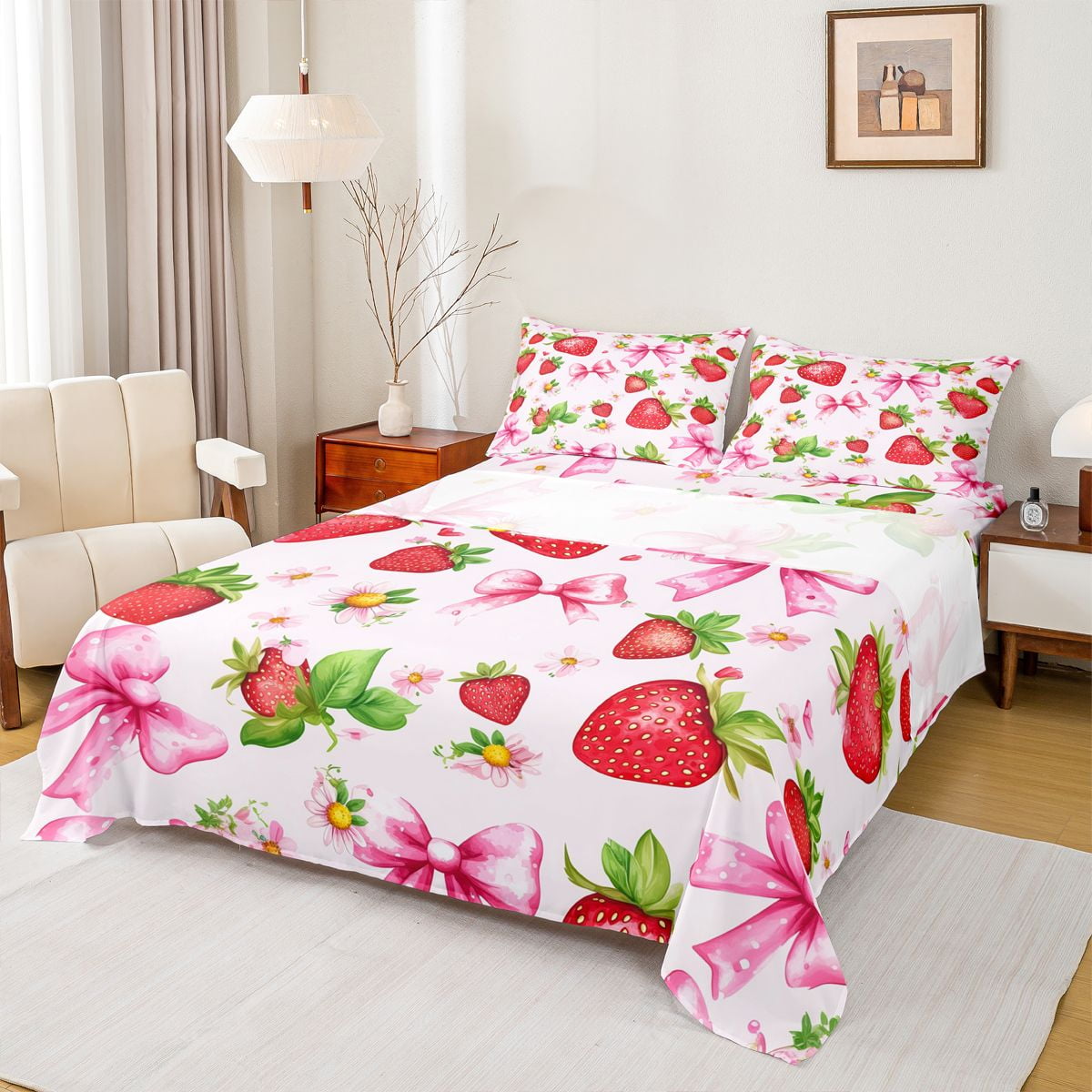 Homewish Girls Ribbon Bow Full Size Sheets,Cartoon Strawberry Bed ...