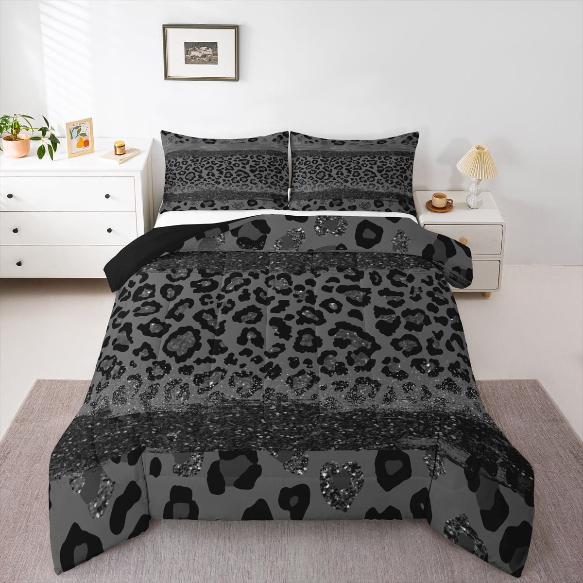 Homewish Girly Grey Cheetah Print Queen Comforter Set, Chic Fashion ...