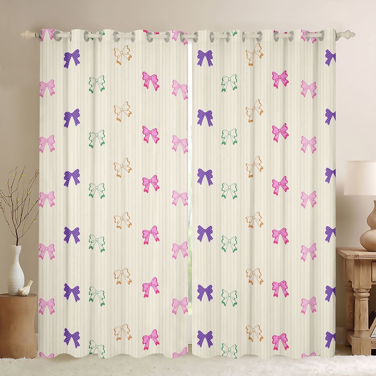 Homewish Girly Kawaii Ribbon Blackout Curtains Set of 2 (52x84 Each ...