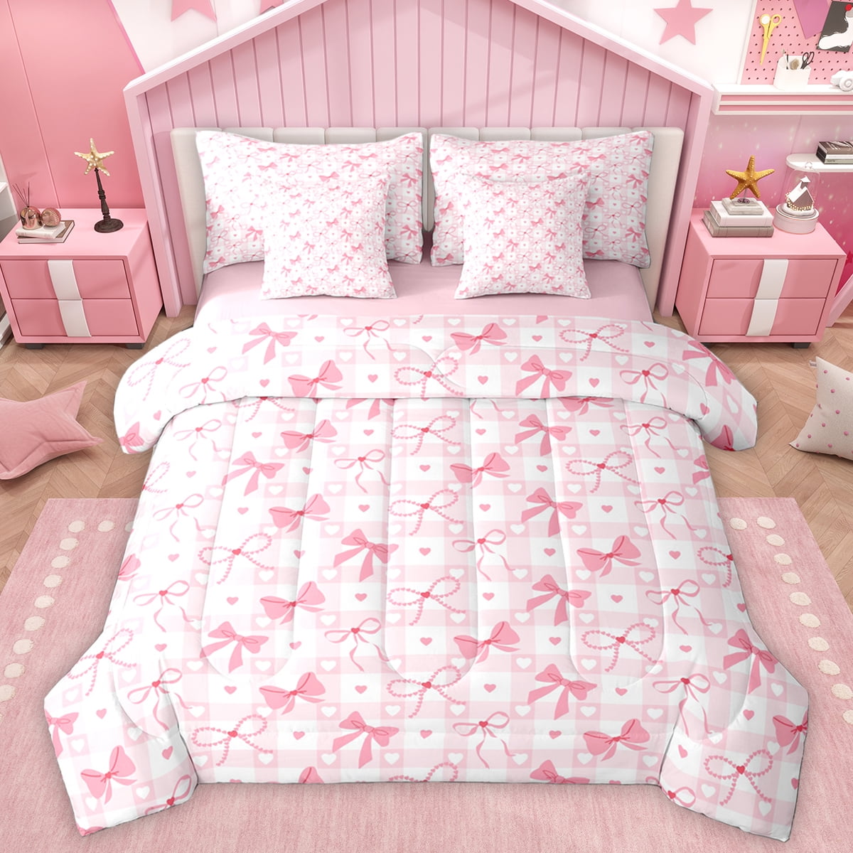 Homewish Girly Pink Bowknot Bedding Comforter Set 7 Pieces for Kids ...