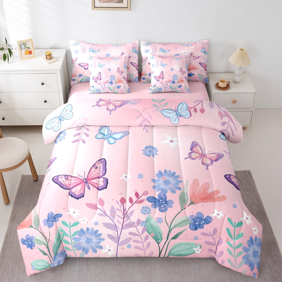 Homewish Girly Pink Butterfly Bedding Comforter Set 7pcs, Groovy Daisy ...