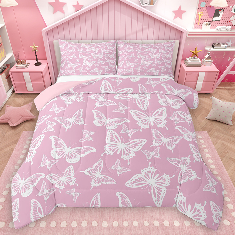 Homewish Girly Pink Cartoon Queen Comforter Set, Kawaii Butterfly ...