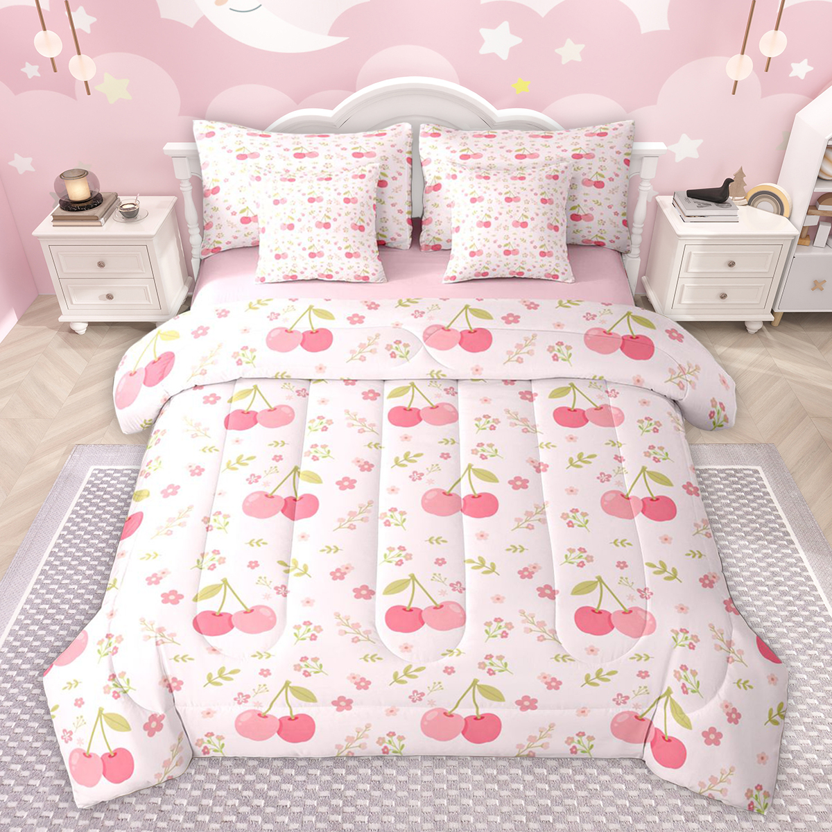 Homewish Girly Pink Cherry Bedding Comforter Set 7pcs, Cherry Blossoms ...