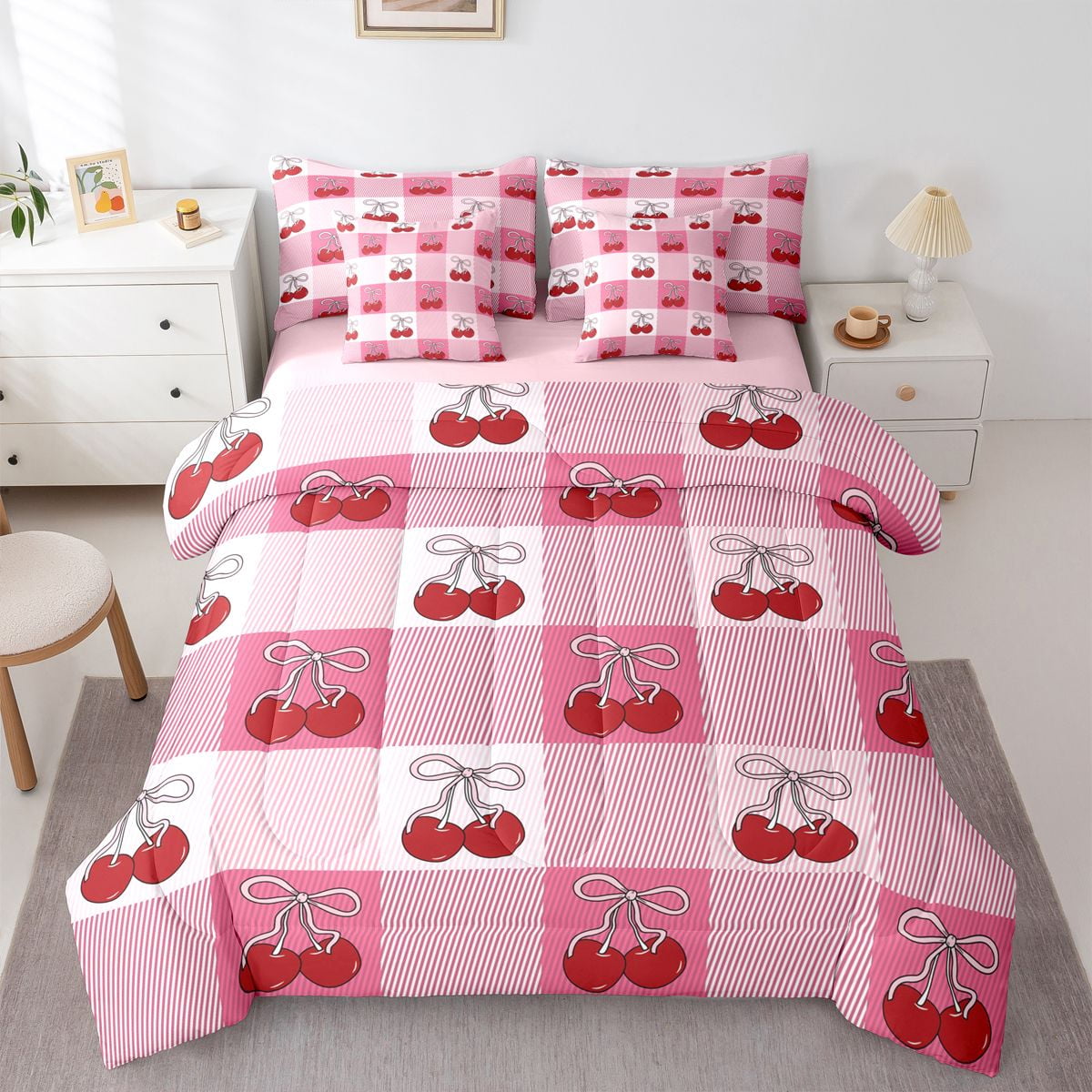 Homewish Girly Pink Cherry Twin Bedding Sets 7-Piece for Girl, Cartoon ...