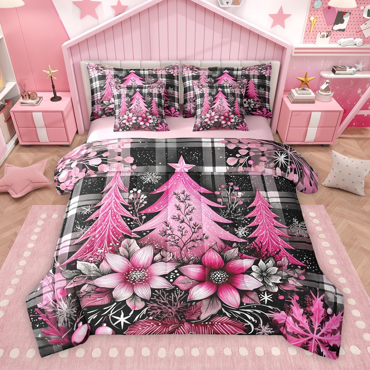 Homewish Girly Pink Xmas Tree Bedding Comforter Set 7pcs, Kawaii ...