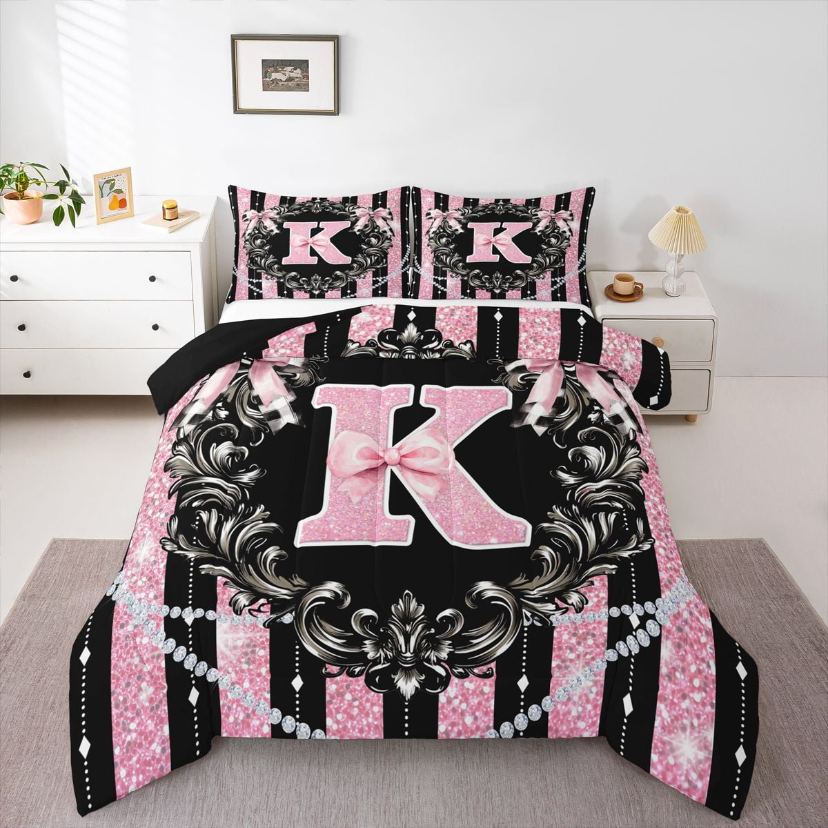 Homewish Glitter Monogrammed K Bedding Comforter Set, Bling Stripes ...