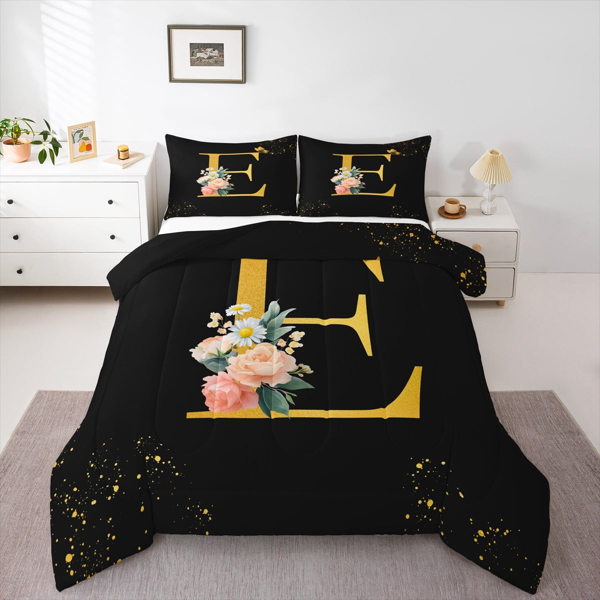 Homewish Gold Cartoon Monogrammed Queen Comforter Set for Female ...