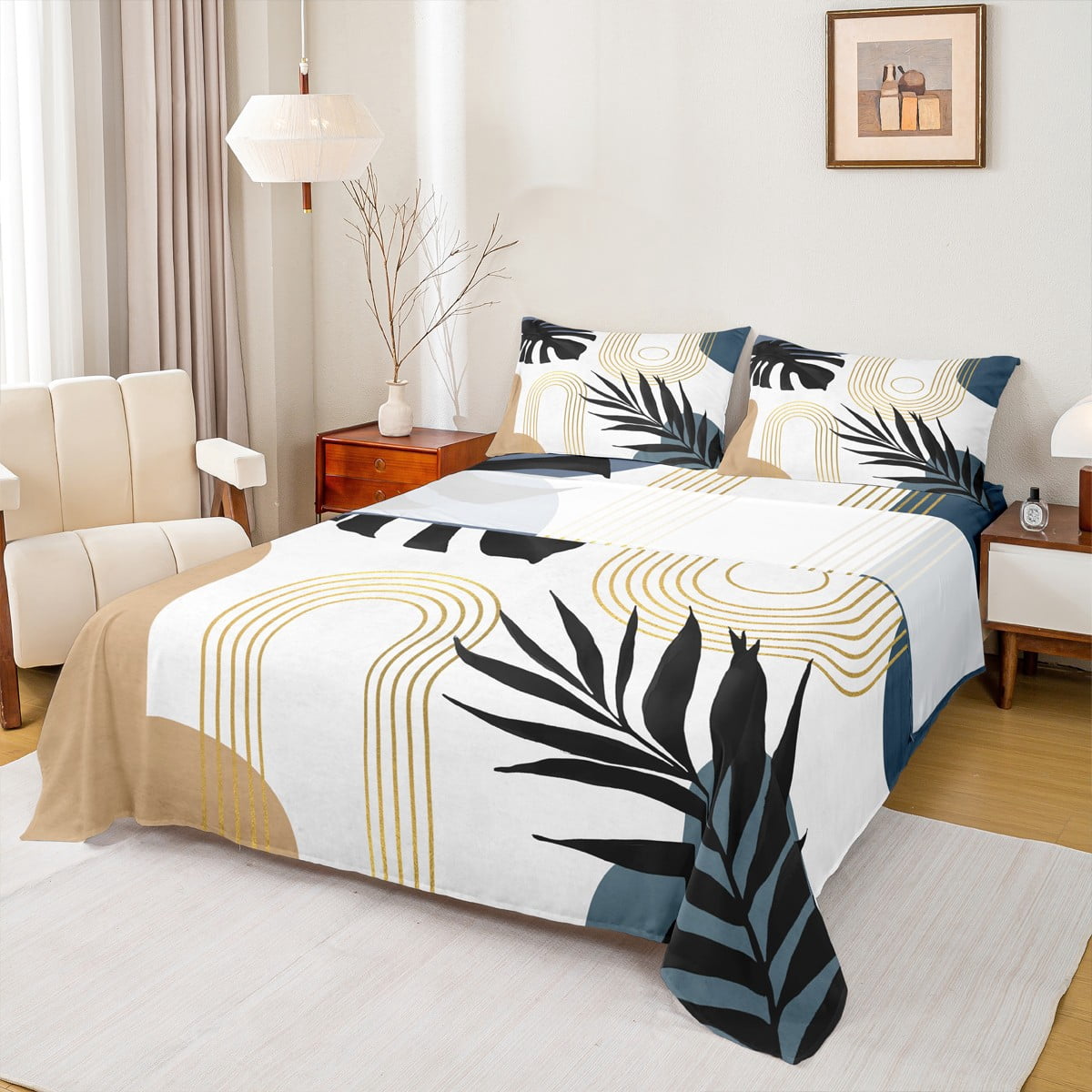 Homewish Gold Stripes Lines Full Size Sheets,Retro Boho Geometric Bed ...