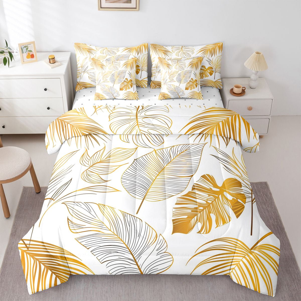 Homewish Gold Tropic Palm Bedding Comforter Set 7pcs for Adult, Leaf ...