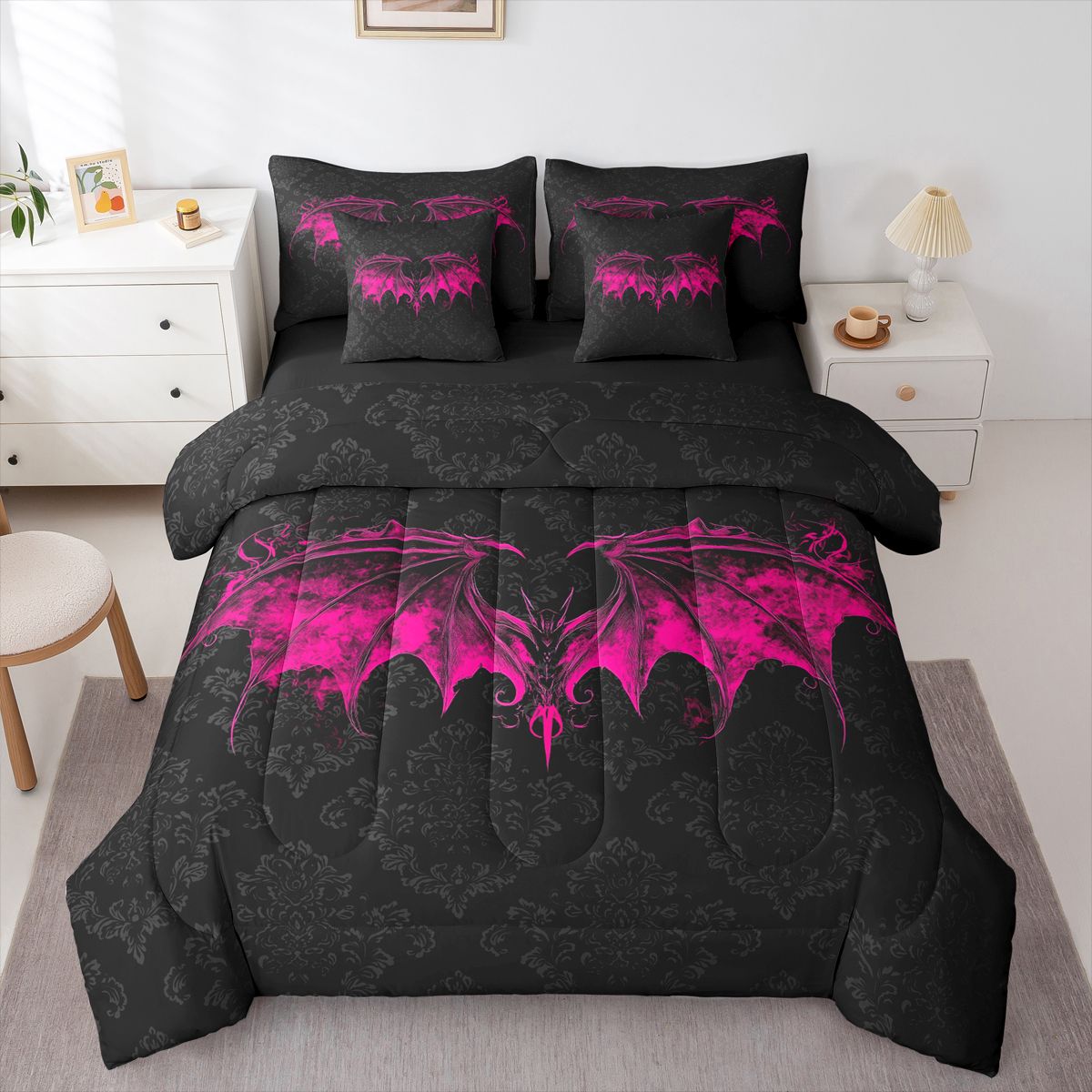 Homewish Gothic Pink Bat 7-Piece Bedding Comforter Set for Teens Female ...
