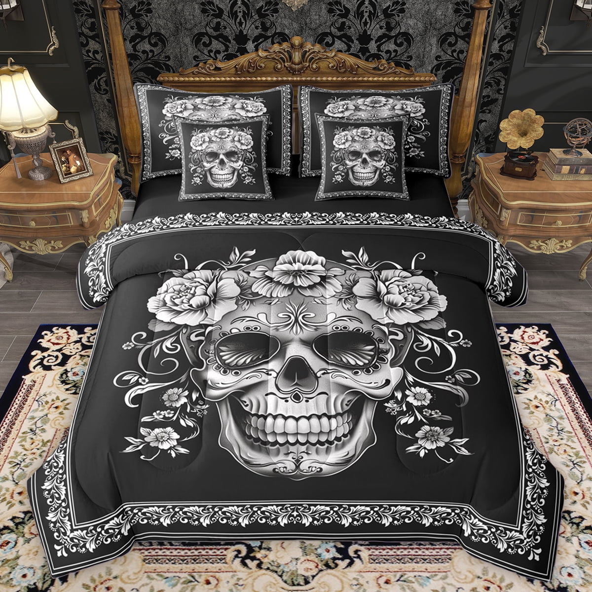 Homewish Gothic Skeleton Ekull 7pcs Bedding Comforter Set,Retro Flower ...