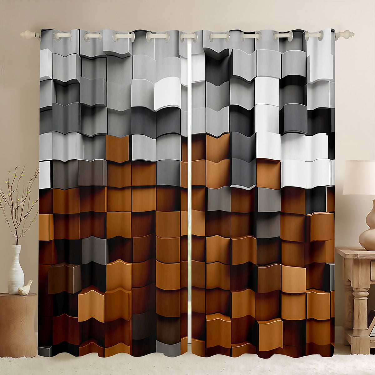 Homewish Gradient Plaid Grid Blackout Curtains Set of 2 (52x84 Each ...