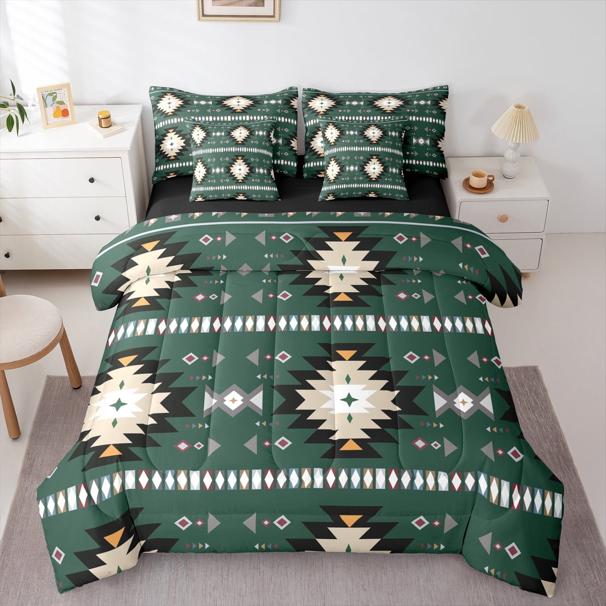 Homewish Green Aztec Bedding Comforter Set 7pcs, Bohemian Geometric ...