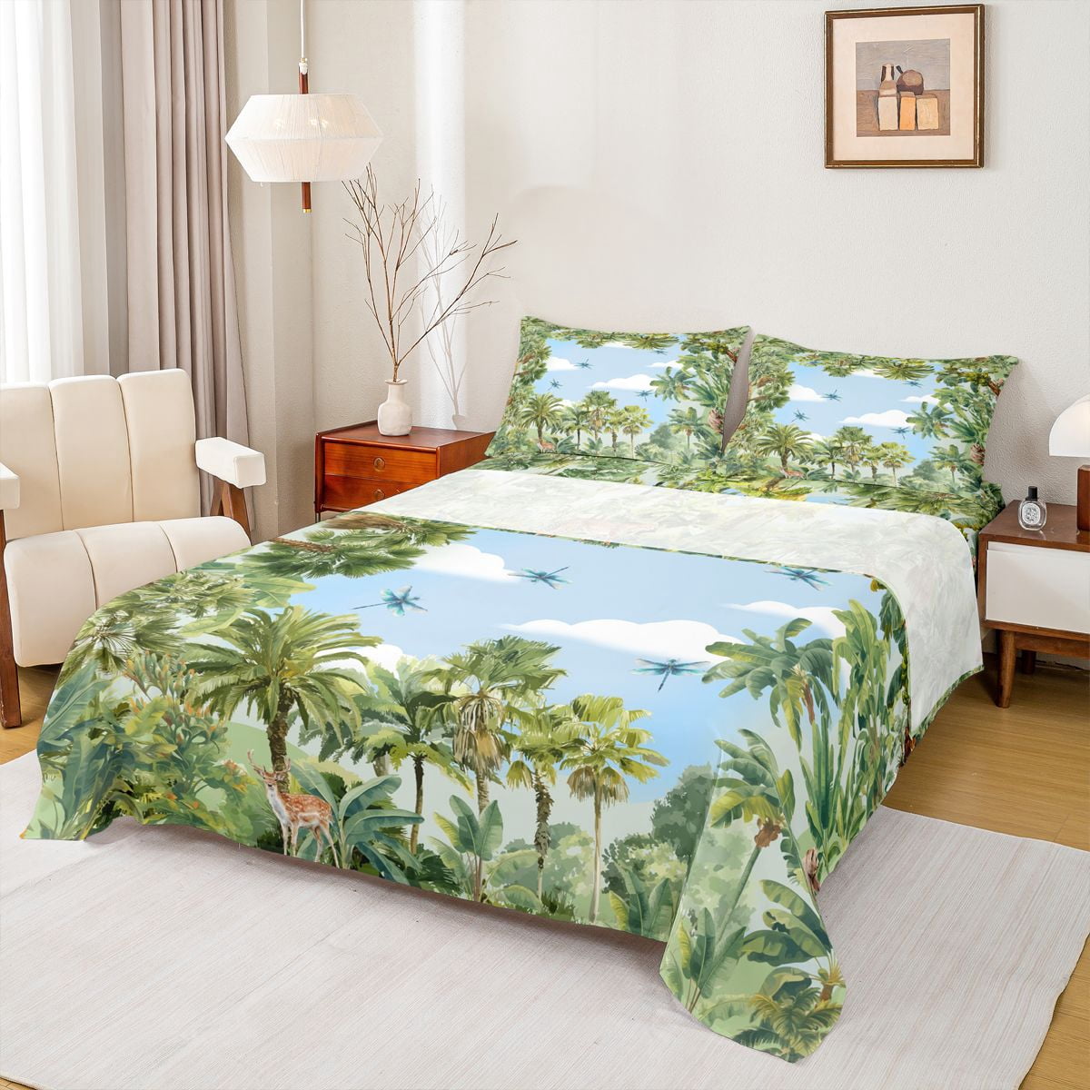 Homewish Green Coconut Tree Bed Sheets for Teen, Blue Sky Cloud King ...