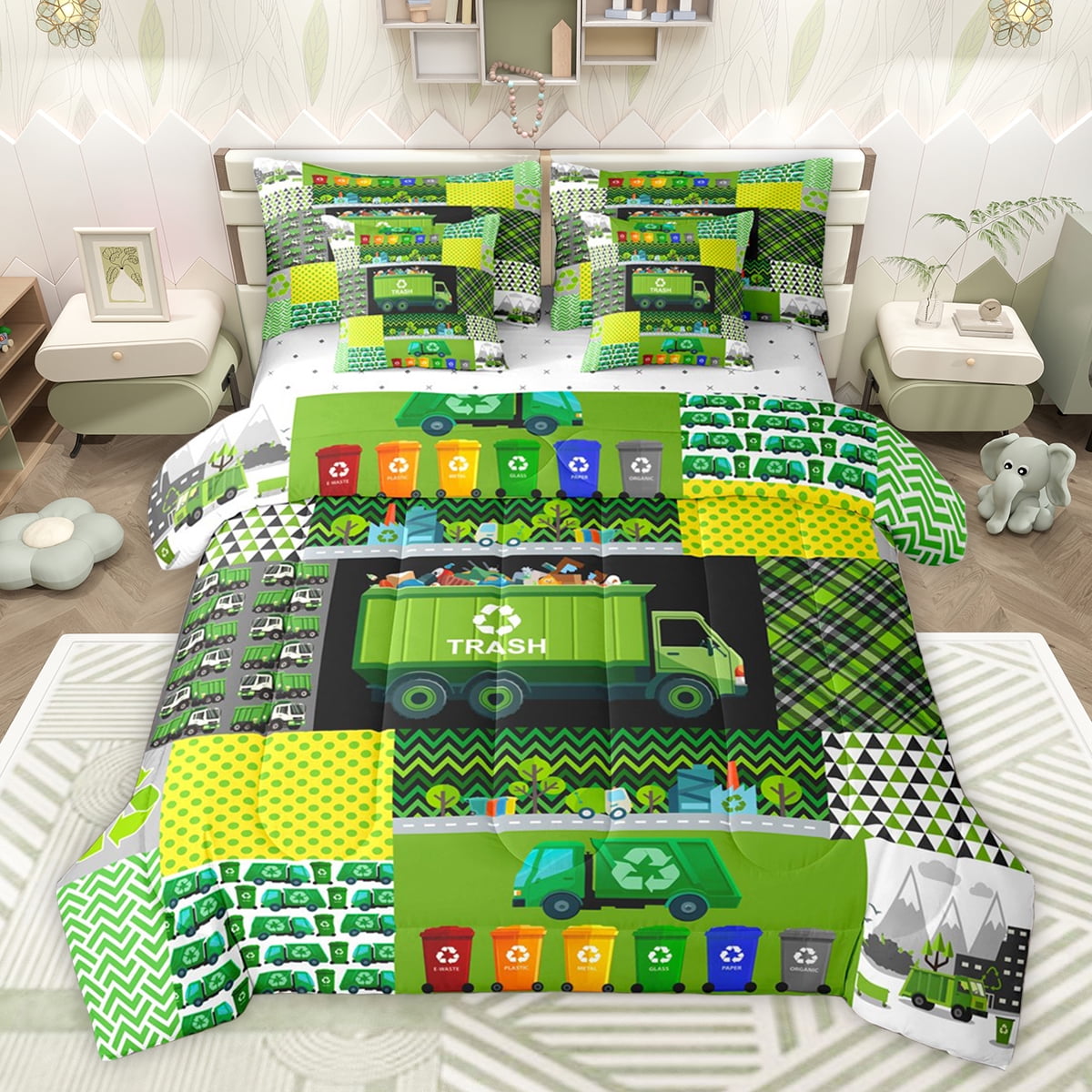 Homewish Green Garbage Truck Bedding Comforter Set 7pcs for Kids ...