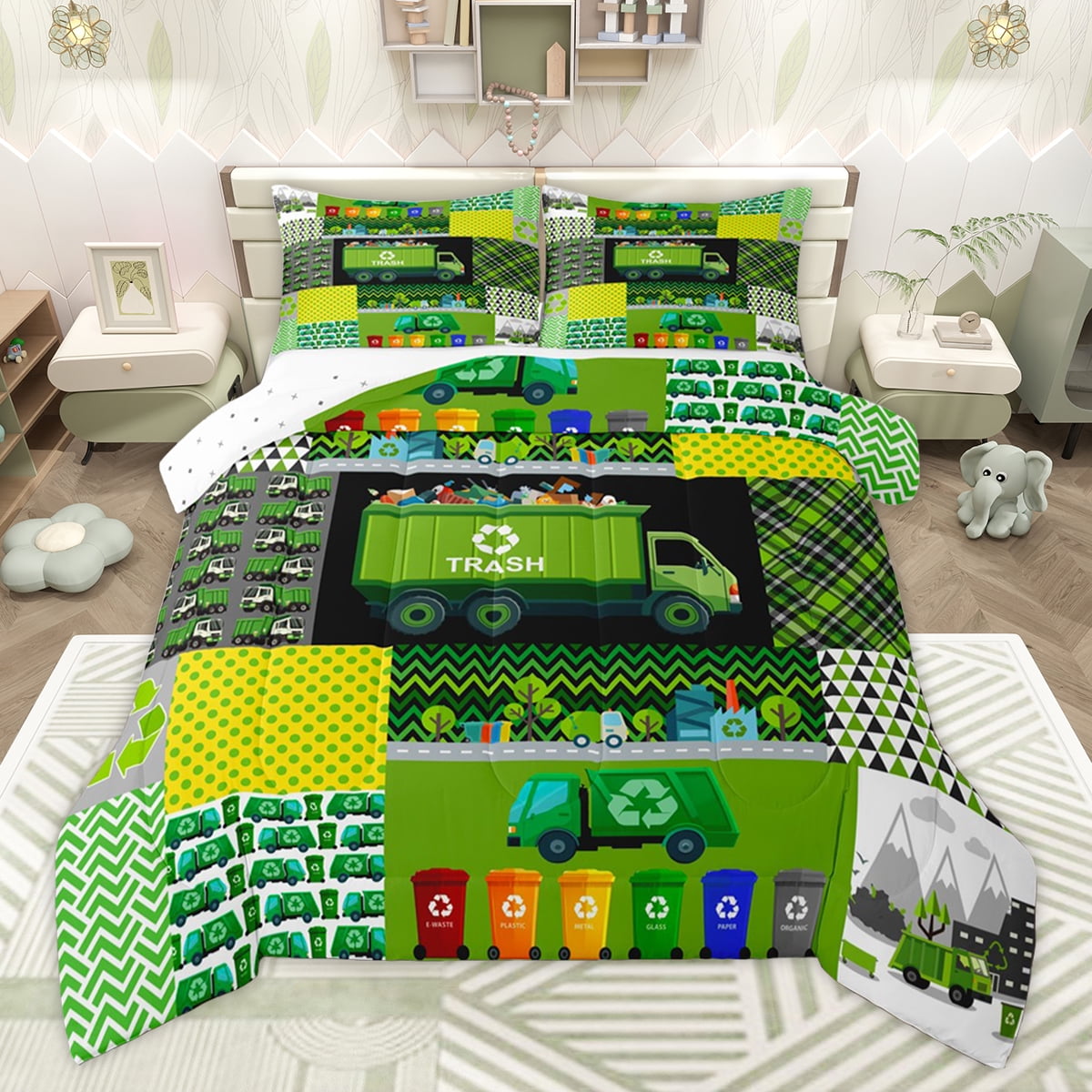 Homewish Green Garbage Truck Queen Comforter Set for Kids, Cartoon ...