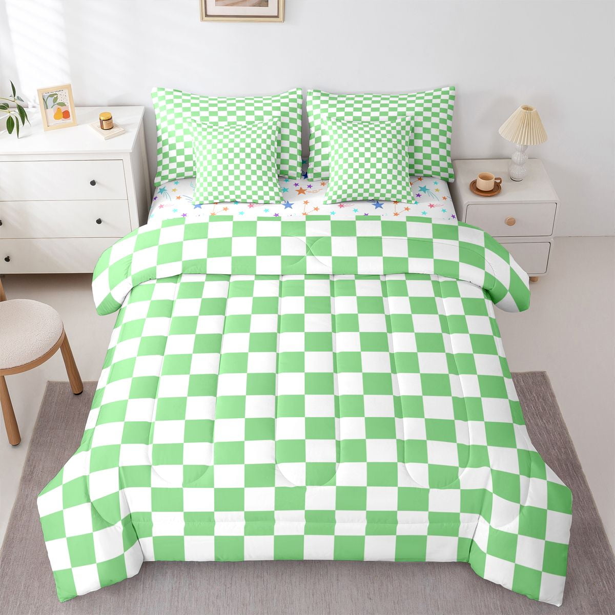 Homewish Green White Grid 7pcs Bedding Comforter Set For Kids Children ...