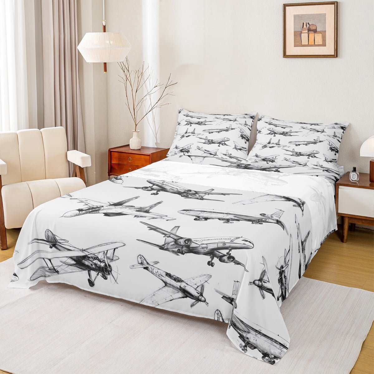 Homewish Grey Airplane Boy 4pcs Bed Sheets,Transportation Theme King ...