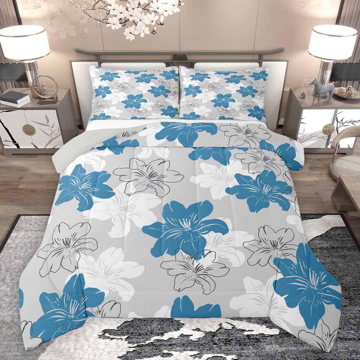 Homewish Grey Blue Flower Bedding Comforter Set, Vintage Plant ...