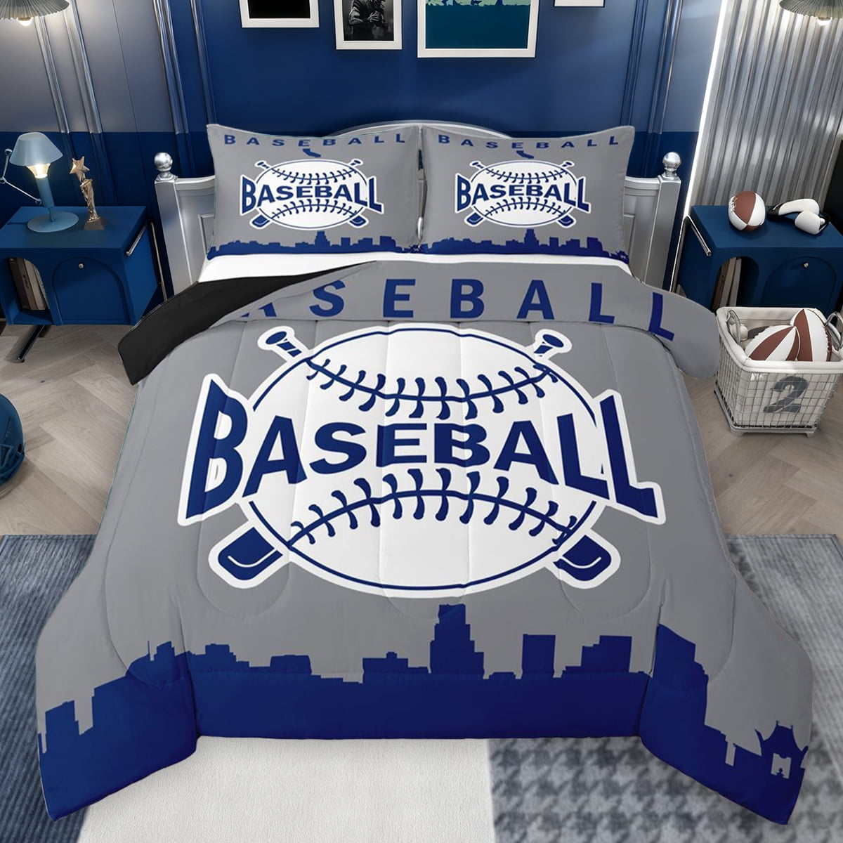 Homewish Grey Blue Sports Full Size Comforter Sets, Cartoon Baseball ...