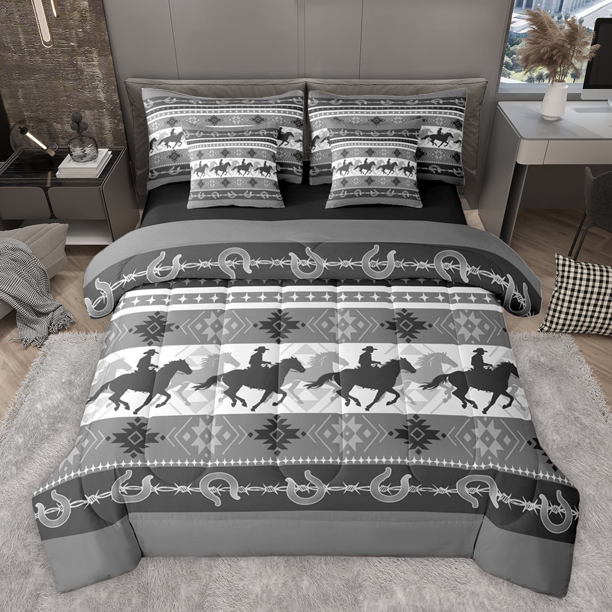 Homewish Grey Fashion Aztec Bedding Comforter Set 7 Pieces, Western ...