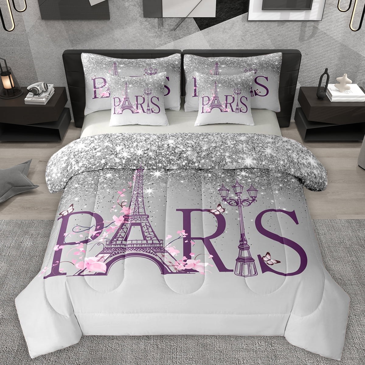 Homewish Grey Sequin Print Twin Bedding Sets 7-Piece for Girl, Paris ...